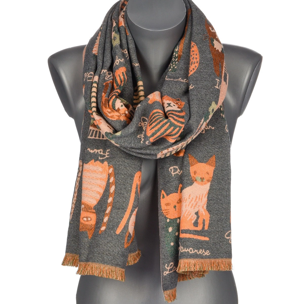 Szary Duży Szalik Damski bawełniany ciepły dwustronny koty AX-128 - | sklep internetowy TMC ...