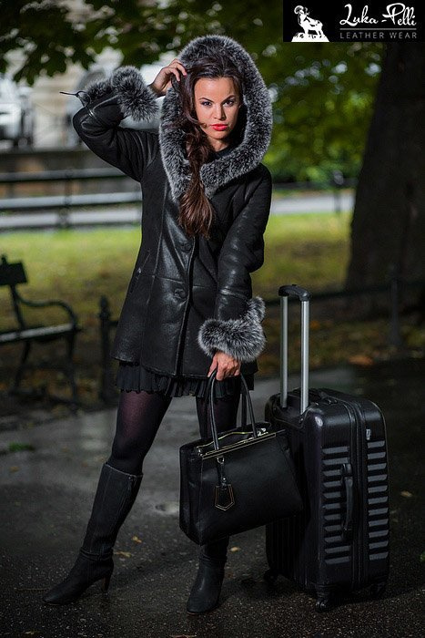 Naturalny kożuch skórzany damski "KATRIN FOX" - czarny + srebrny ...