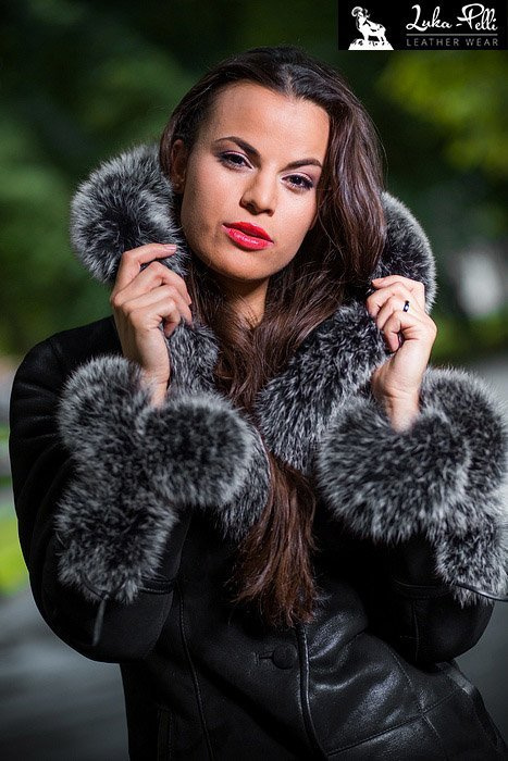 Naturalny kożuch skórzany damski "KATRIN FOX" - czarny + srebrny ...