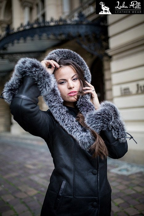 Naturalny kożuch skórzany damski "KATRIN FOX" - czarny + srebrny ...