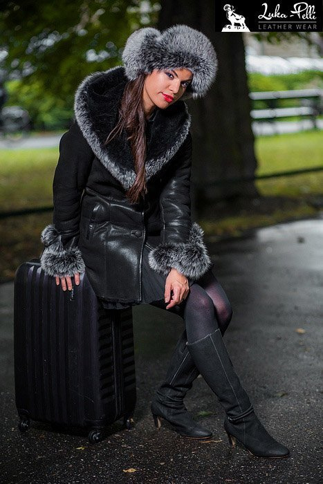 Naturalny kożuch skórzany damski "KATRIN FOX" - czarny + srebrny ...